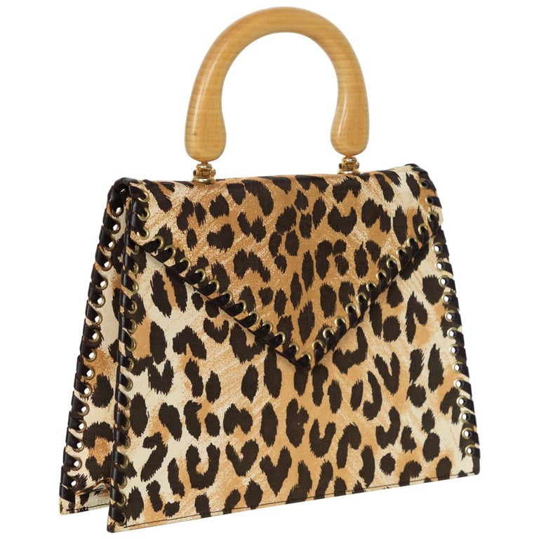 Yves Saint Laurent Leopard Animal Print Canvas Wooden Top Handle Bag ...