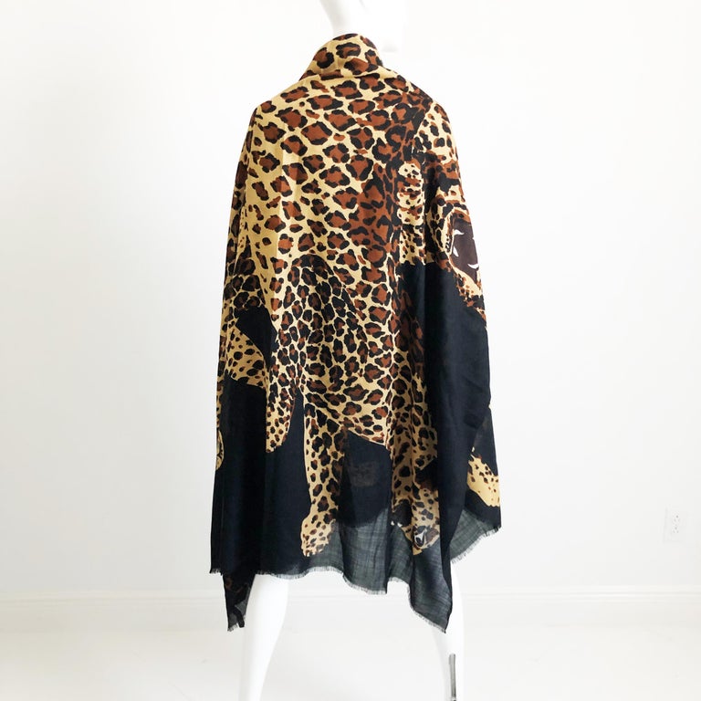 Yves Saint Laurent Leopard Motif Scarf Oversized Shawl Silk Wool Blend ...