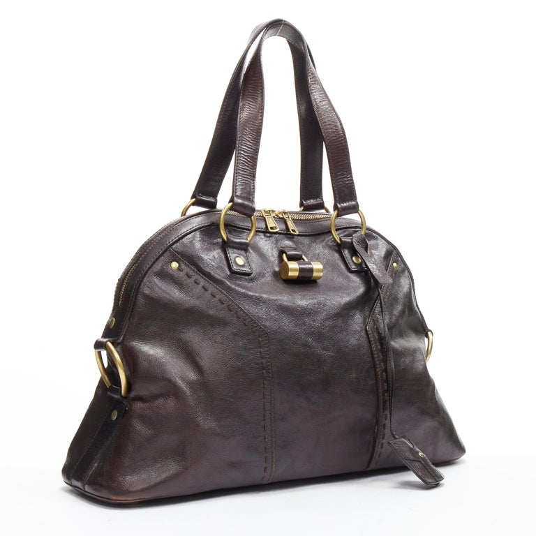 YVES SAINT LAURENT Muse Kate Moss YSL logo black leather top handle ...