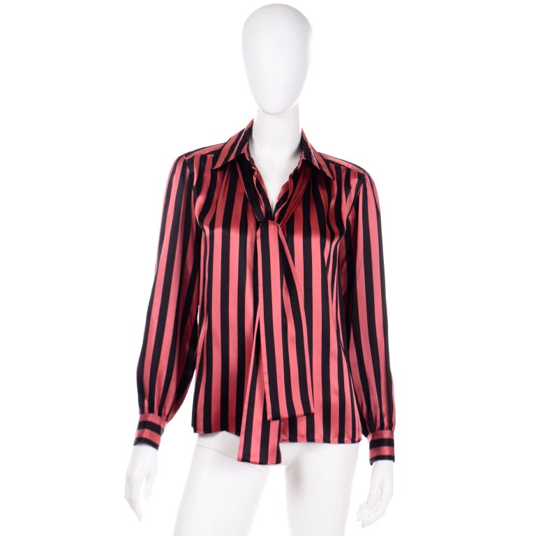 Yves Saint Laurent Orange and Black Striped Silk Vintage Blouse With ...
