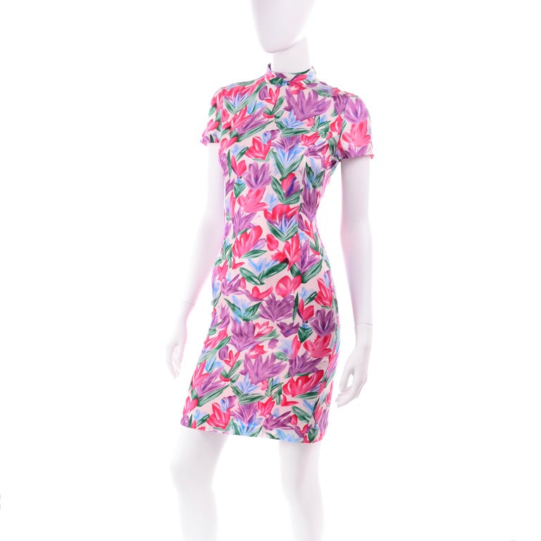 Yves Saint Laurent Pink Blue and Purple Silk Tulip Print YSL Sheath ...