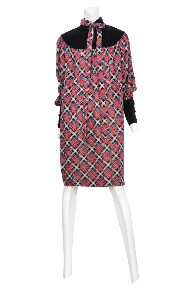 Vintage Yves Saint Laurent Pink Plaid and Black Velvet Dress 1981 at ...