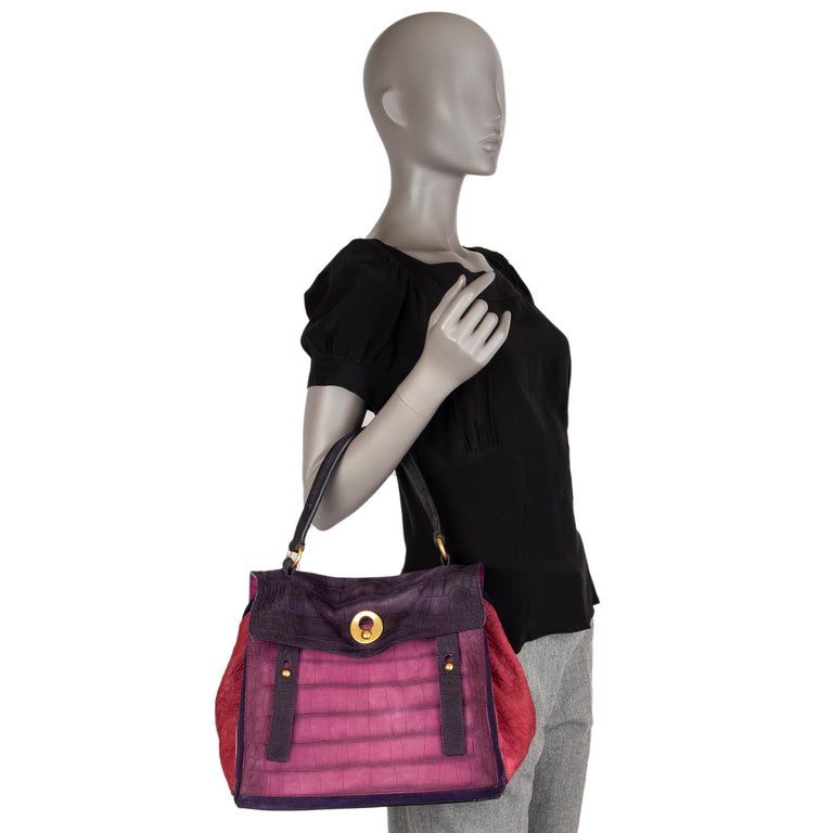 YVES SAINT LAURENT pink purple red FAUX CROCO suede MUSE TWO Satchel ...