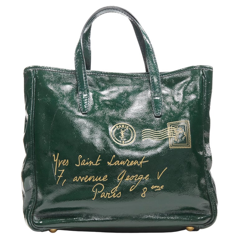YVES SAINT LAURENT Small Y-Mail green patent gold print tote bag For ...