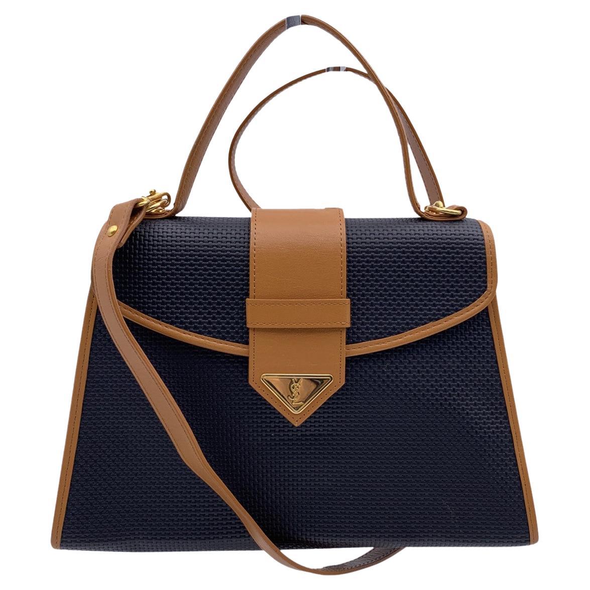 Yves Saint Laurent Vintage Black Beige Textured Canvas Trapeze Bag For ...