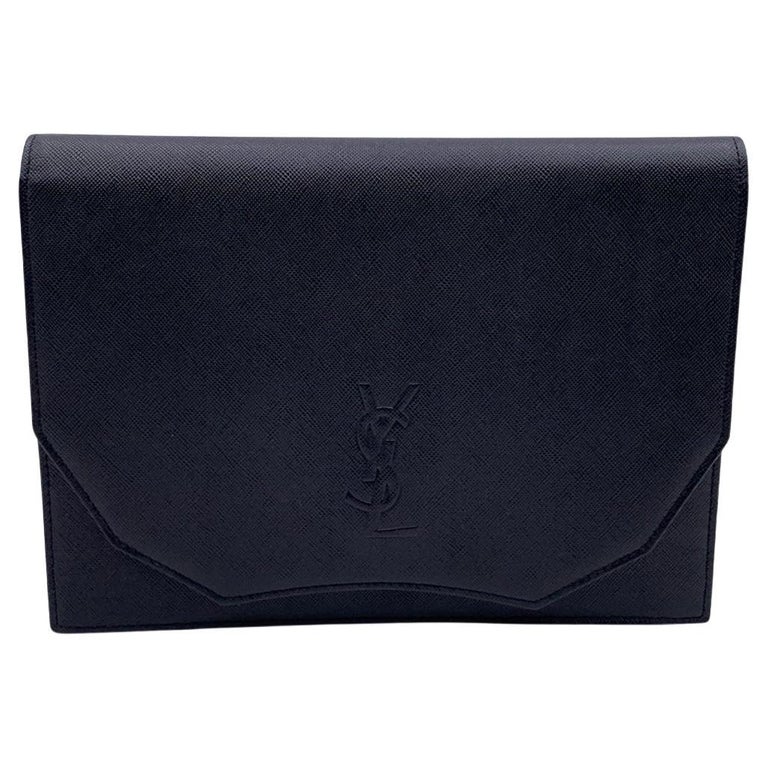 Yves Saint Laurent Vintage Black Leather YSL Logo Clutch Bag with Box ...