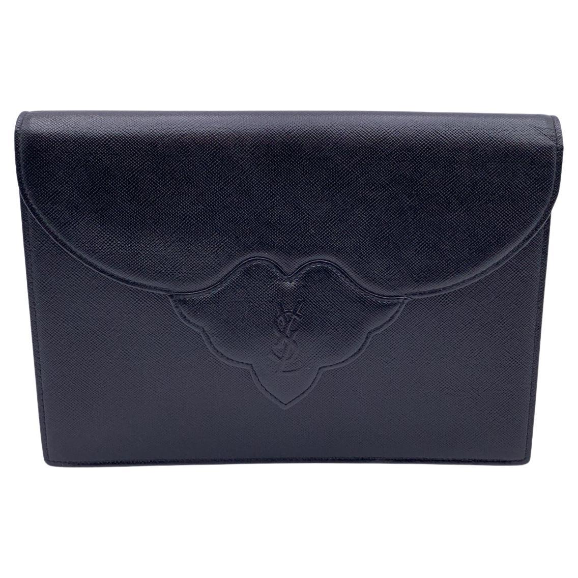 Yves Saint Laurent Vintage Black Leather YSL Logo Flap Clutch Purse For ...