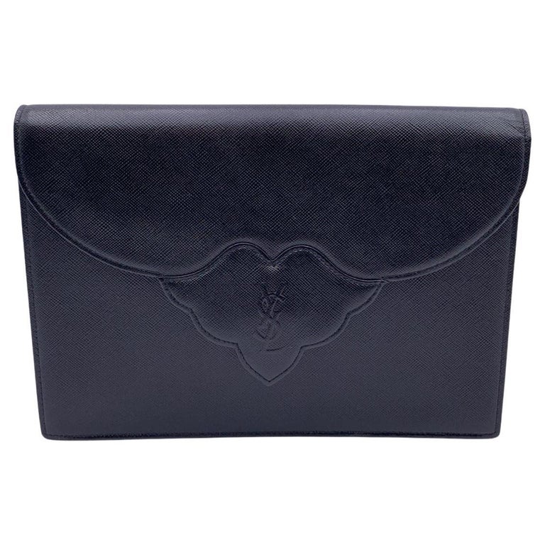 Yves Saint Laurent Vintage Black Leather YSL Logo Flap Clutch Purse For ...