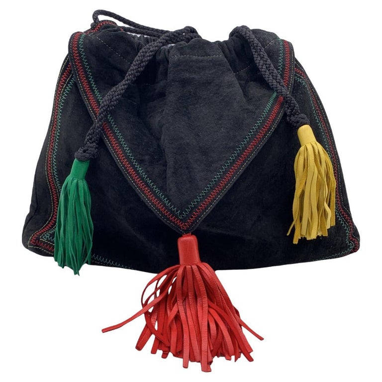 Yves Saint Laurent Vintage Black Suede Multicolor Tassel Bucket Bag For ...