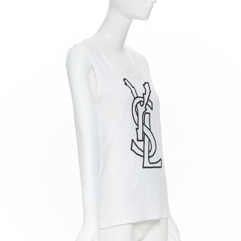 YVES SAINT LAURENT white cotton YSL logo embroidery sleeveless tank top ...