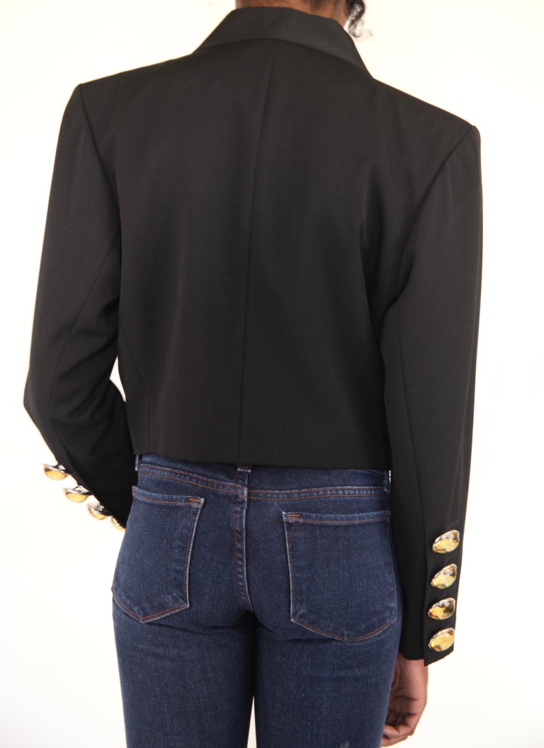 Yves Saint Laurent wool and satin open cropped smoking tuxedo jacket, c ...