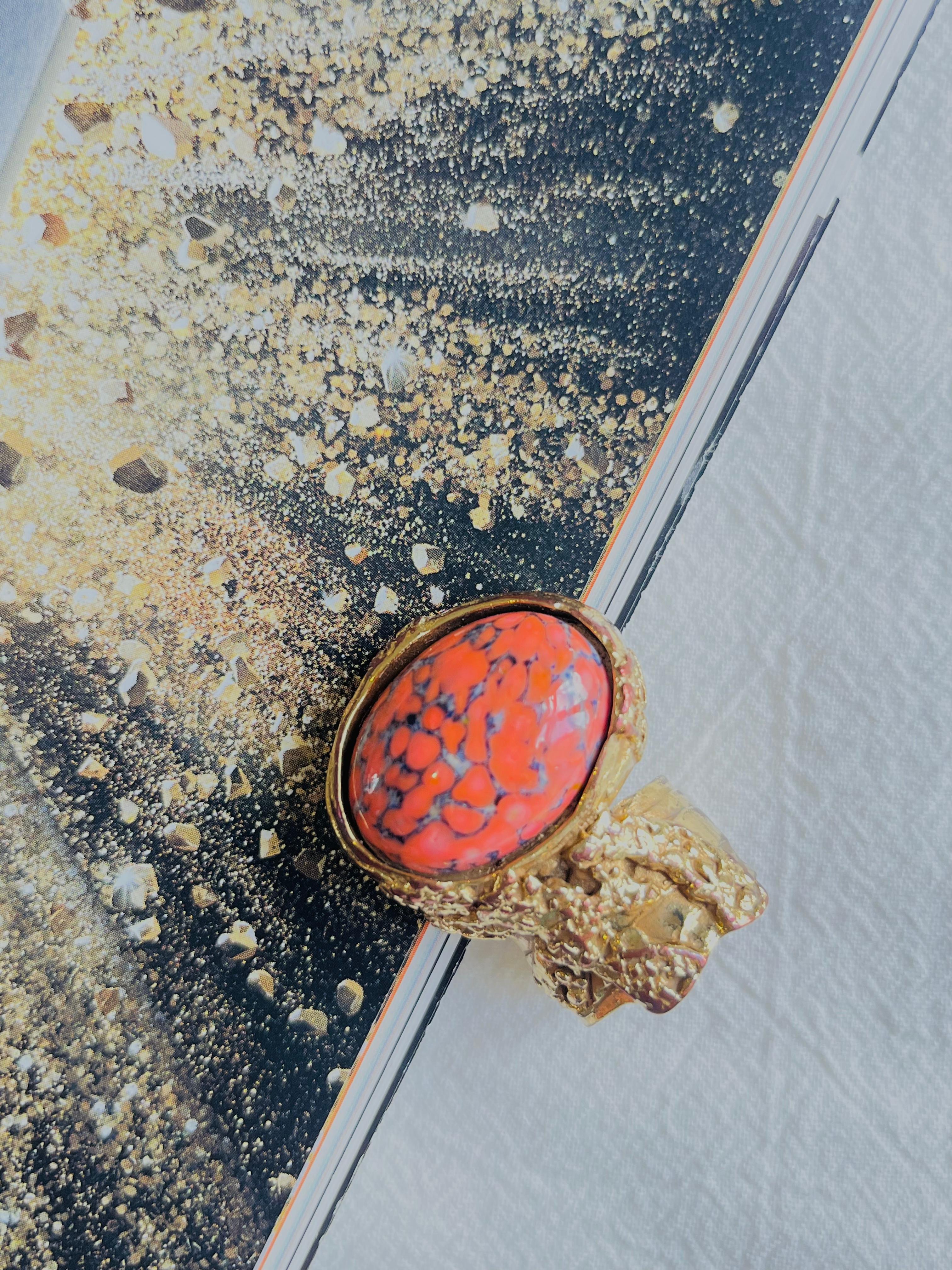 Yves Saint Laurent YSL Arty Cabochon Coral Statement Marble Chunky Ring ...