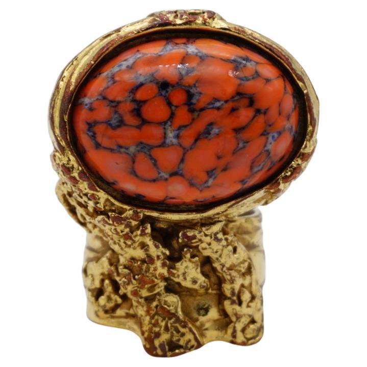 Yves Saint Laurent YSL Arty Cabochon Coral Statement Marble Chunky Ring ...