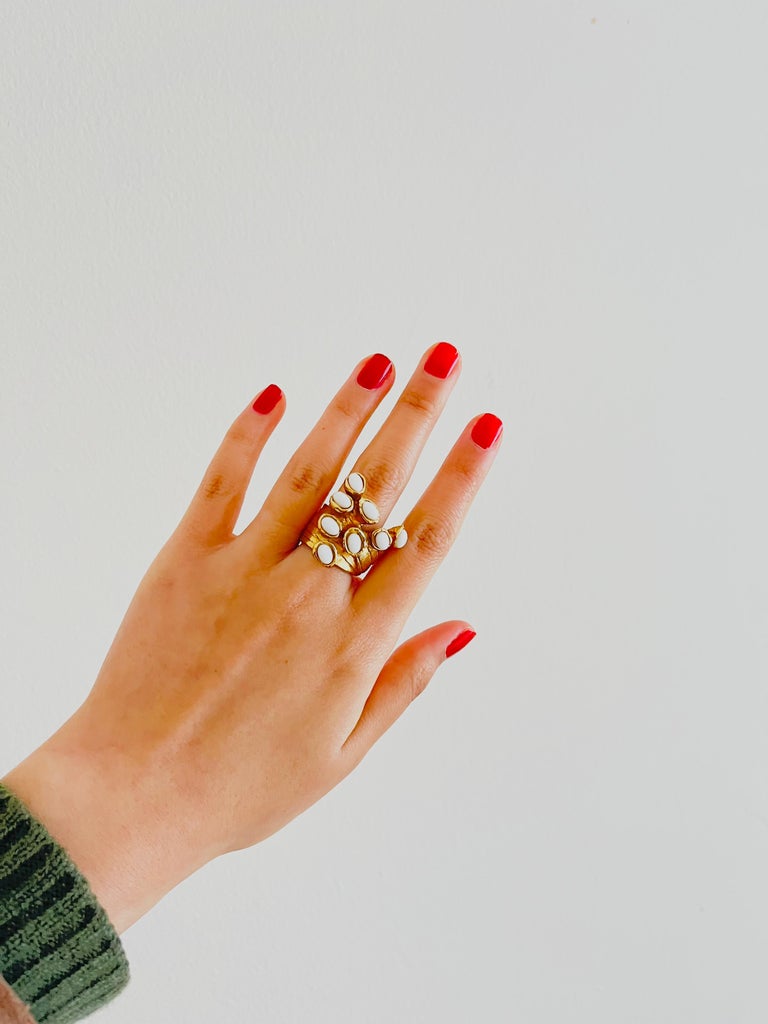 Yves Saint Laurent YSL Arty Cabochon White Dots Enamel Chunky Gold Ring ...