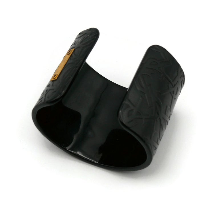 YVES SAINT LAURENT YSL Black Resin Logo Cuff Bracelet For Sale at 1stDibs
