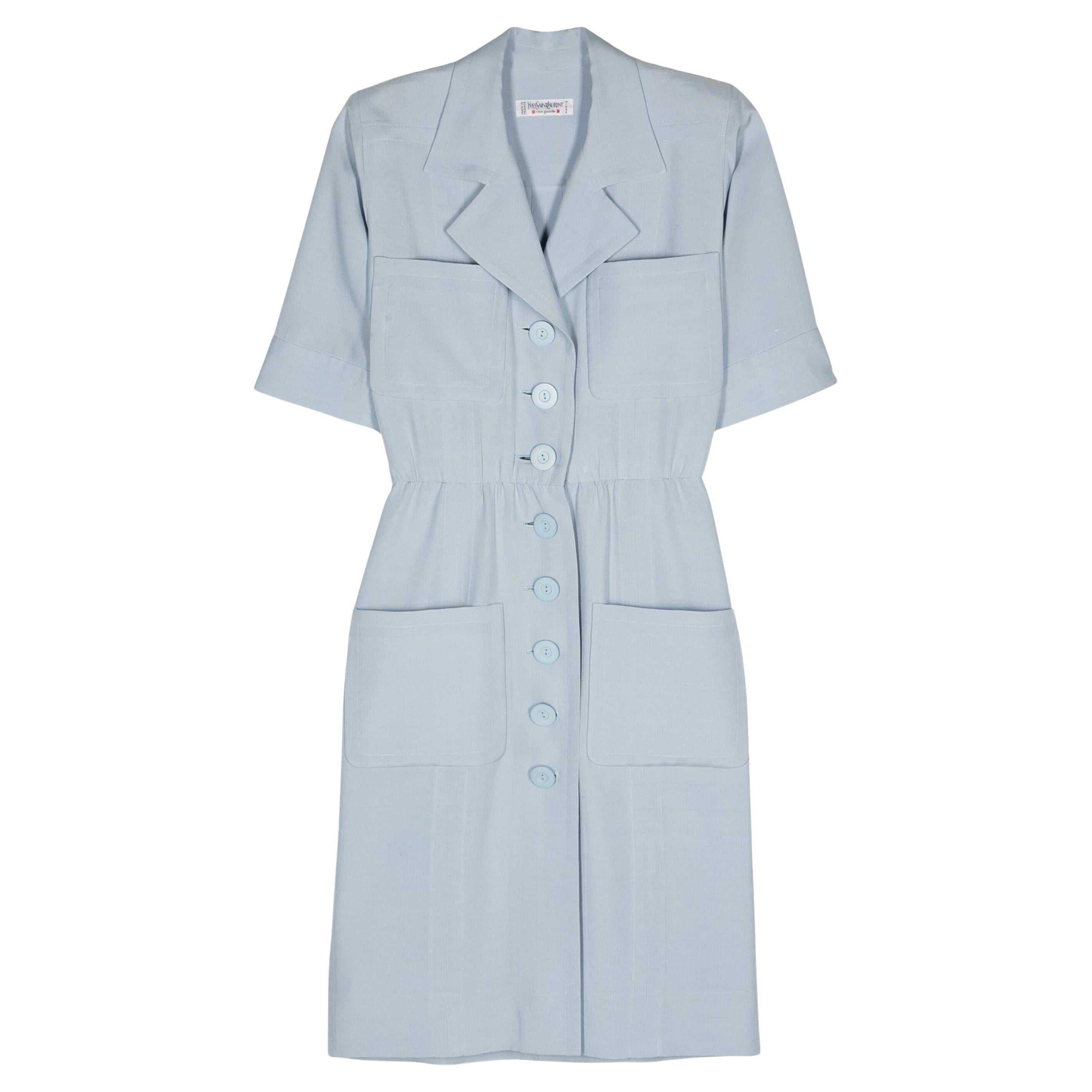 Yves Saint Laurent YSL Blue Silk Shirt Dress For Sale at 1stDibs