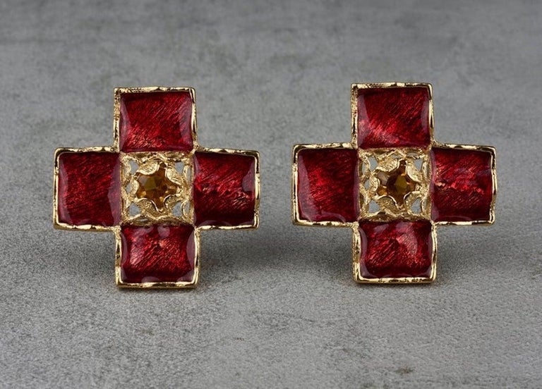YVES SAINT LAURENT Ysl by Robert Goossens Red Enamel Cross Rhinestone ...