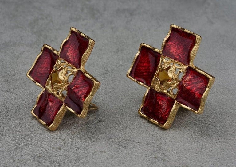 YVES SAINT LAURENT Ysl by Robert Goossens Red Enamel Cross Rhinestone ...