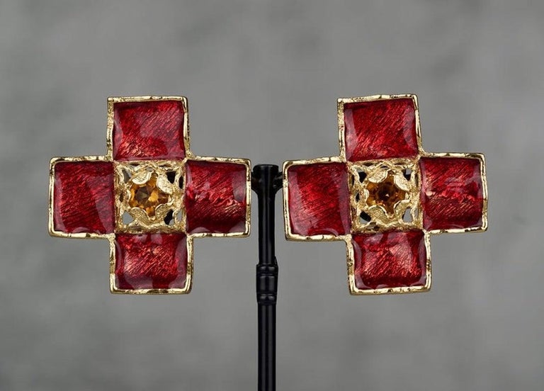 YVES SAINT LAURENT Ysl by Robert Goossens Red Enamel Cross Rhinestone ...