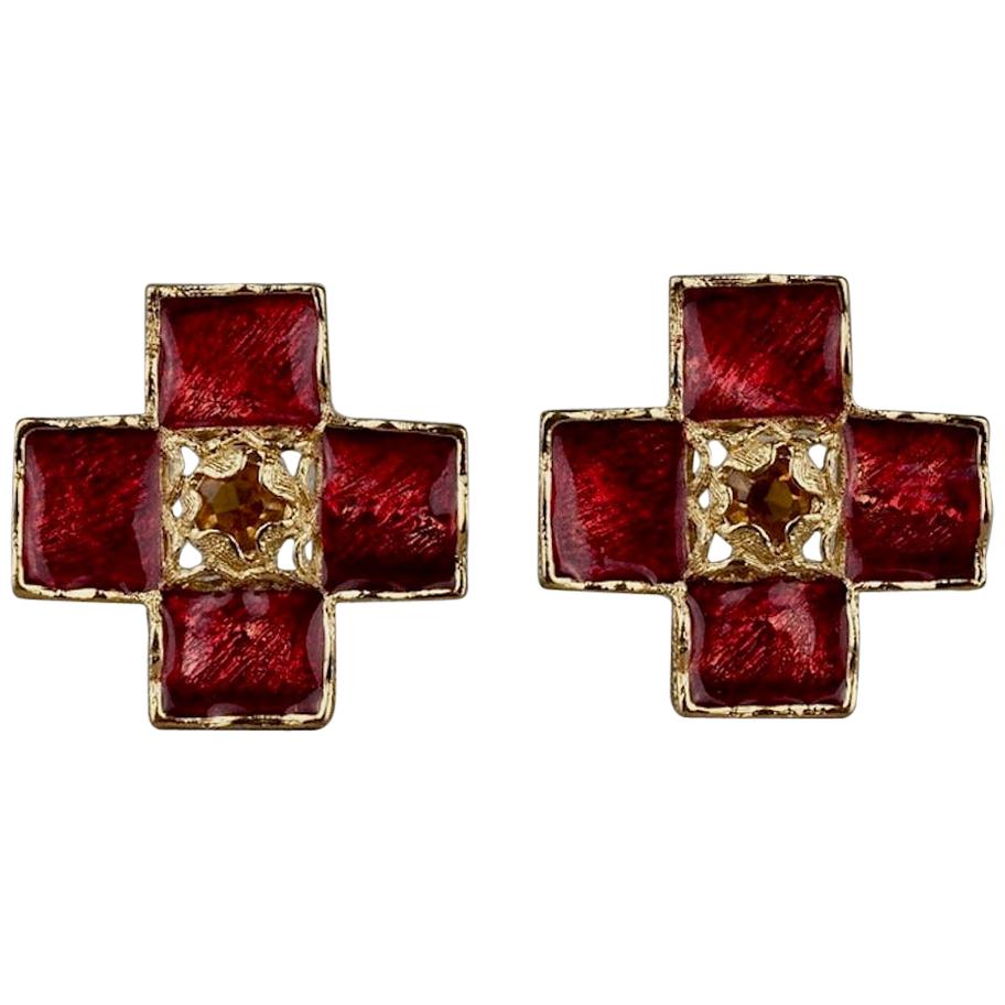 YVES SAINT LAURENT Ysl by Robert Goossens Red Enamel Cross Rhinestone ...