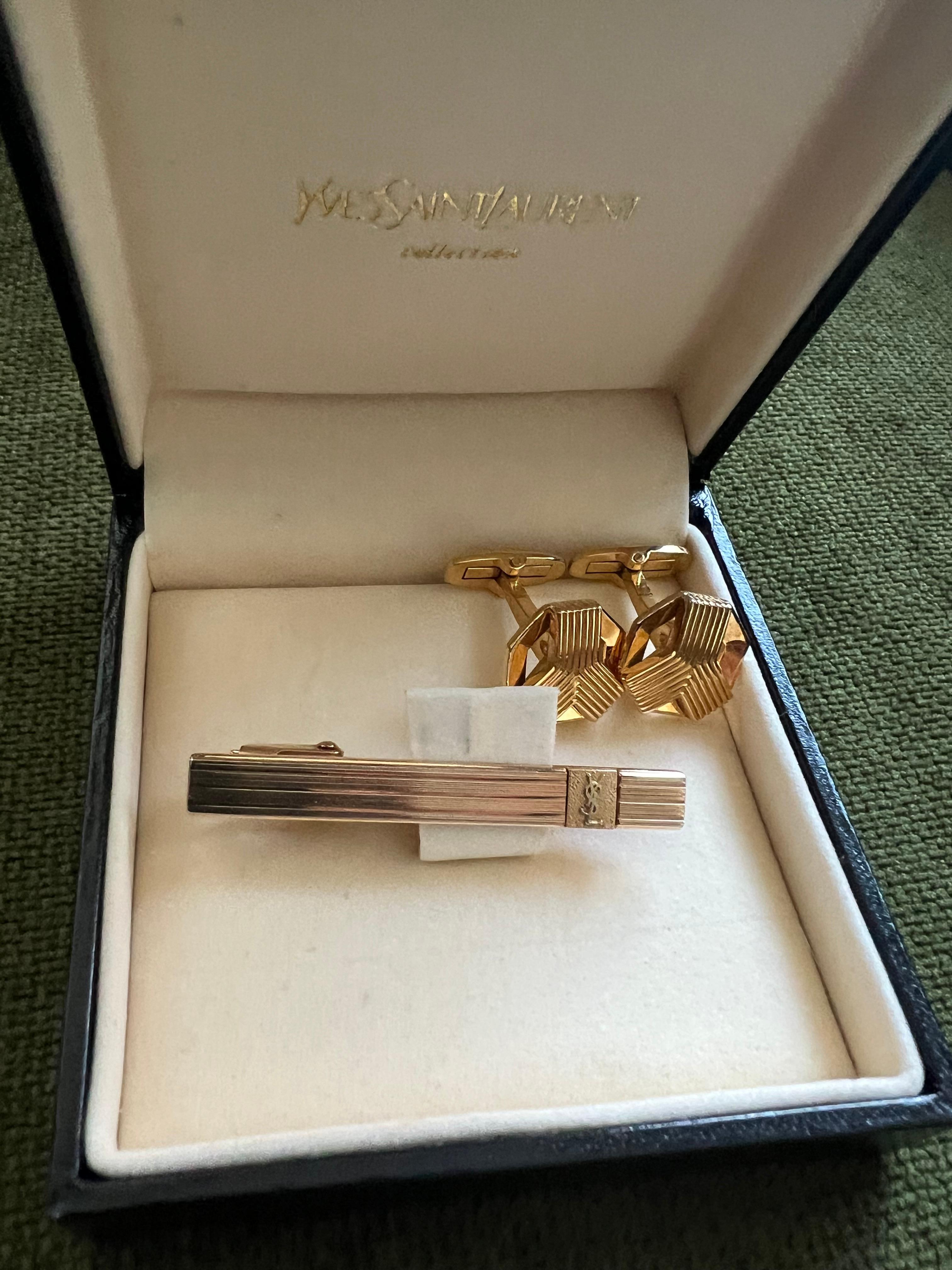 YVES SAINT LAURENT YSL Gold Plate Cufflinks and Tie Tack Clip Set ...
