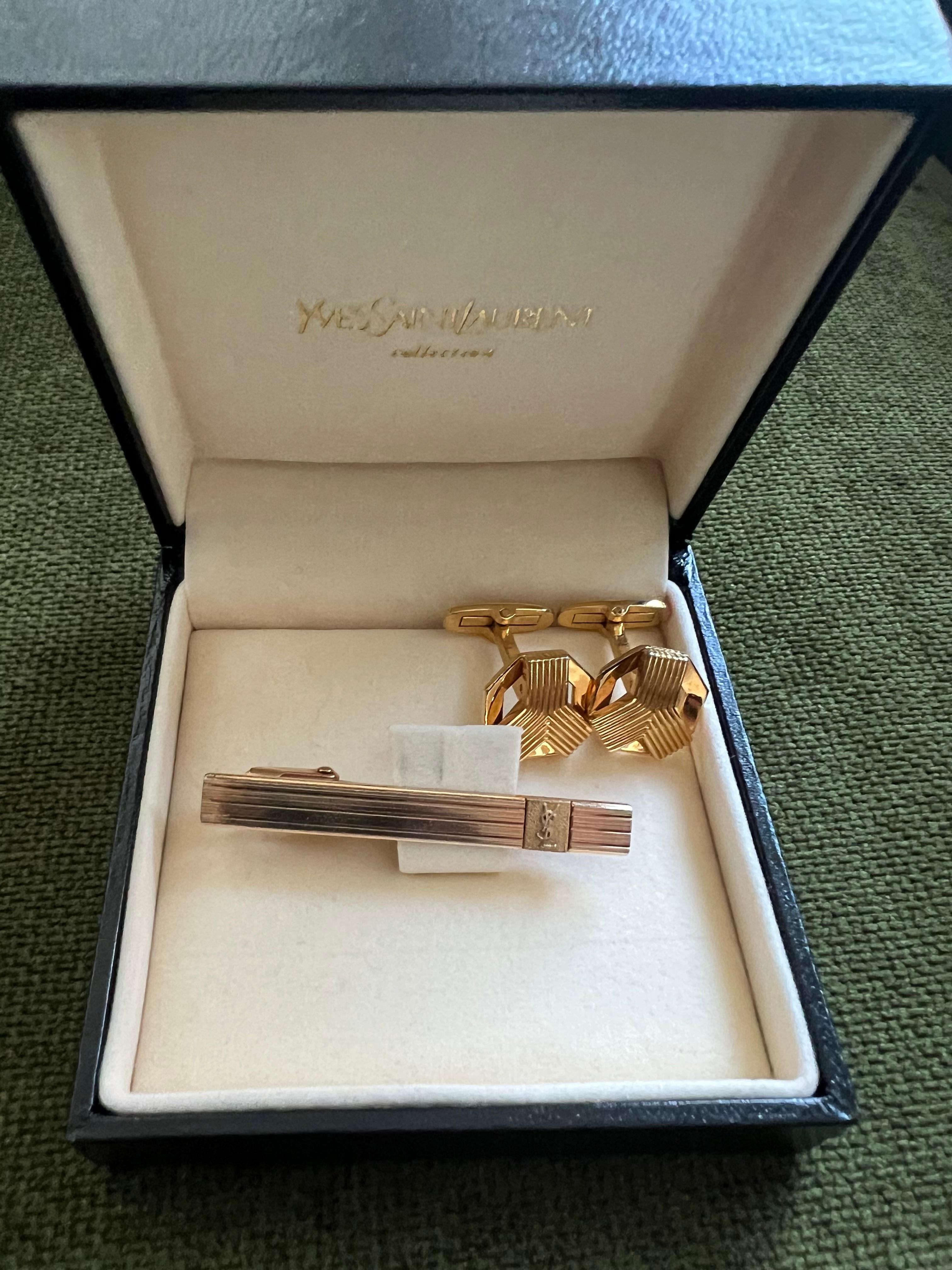 YVES SAINT LAURENT YSL Gold Plate Cufflinks and Tie Tack Clip Set ...