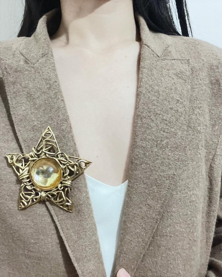 Yves Saint Laurent YSL Huge Yellow Crystal Openwork Star Pentagram Gold ...
