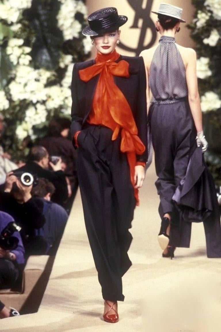 Yves Saint Laurent YSL Orange-Red Silk Ruffle Blouse With Sash/Belt ...