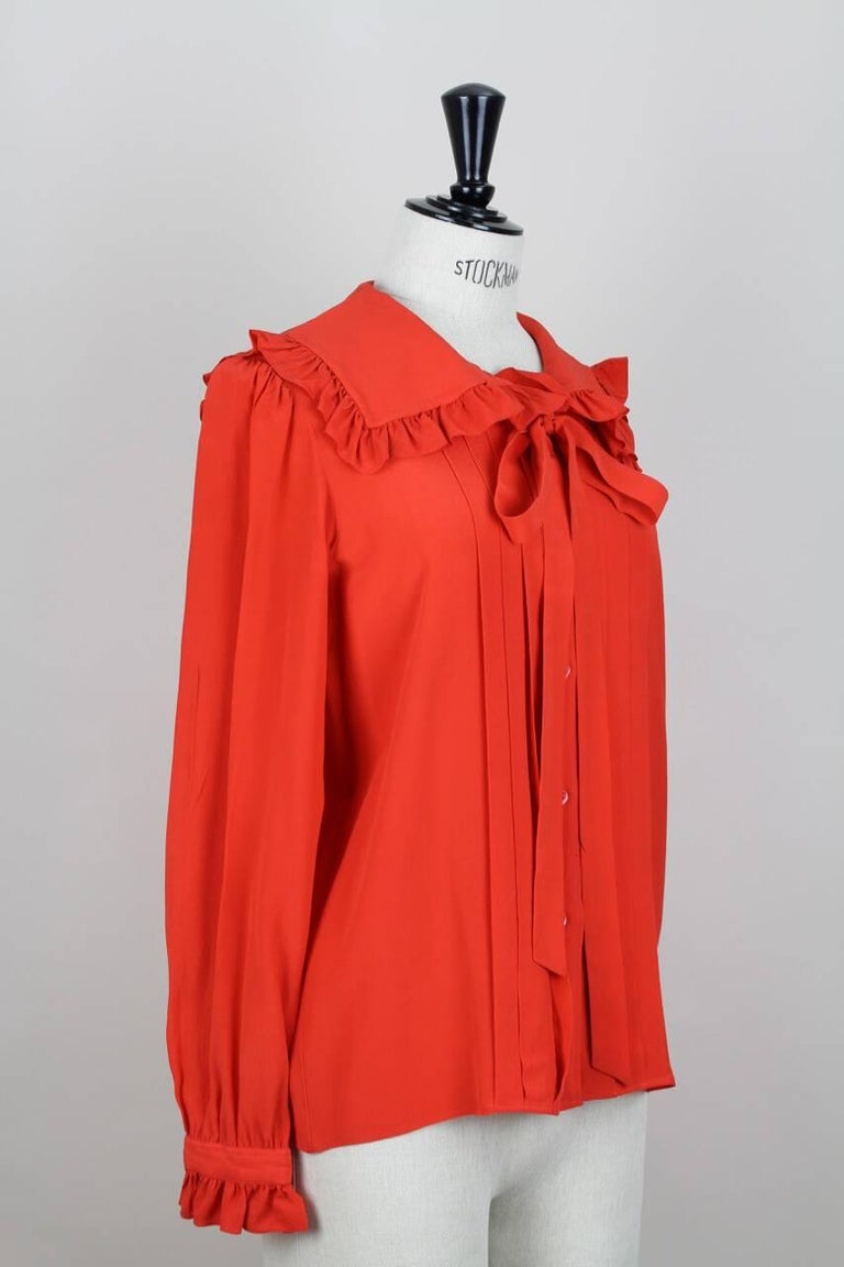 Yves Saint Laurent YSL Orange-Red Silk Ruffle Blouse With Sash/Belt ...