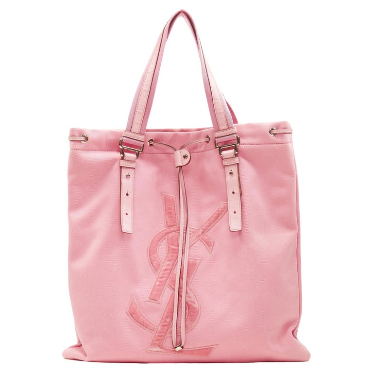 YVES SAINT LAURENT YSL pink canvas velvet logo applique drawstring tote ...