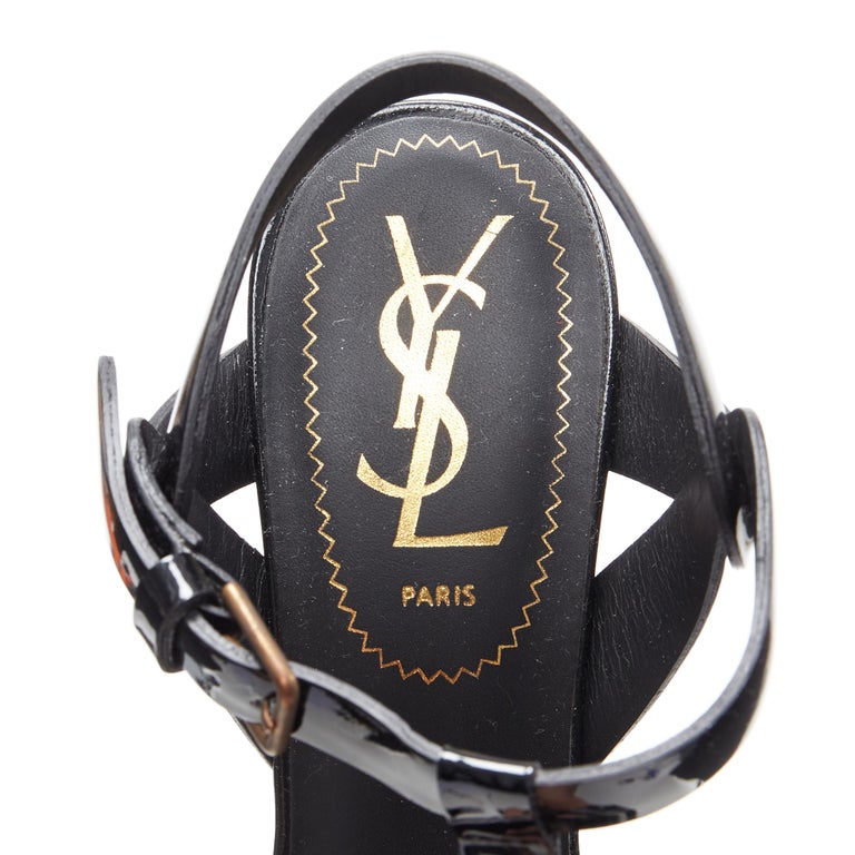 YVES SAINT LAURENT YSL Tribute 75 black patent T-strap platform sandals ...