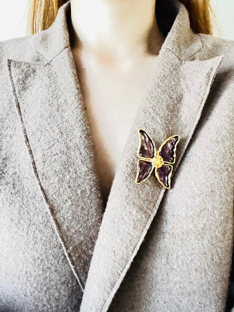 Yves Saint Laurent YSL Vintage 1980s Large Purple Enamel Butterfly Gold ...