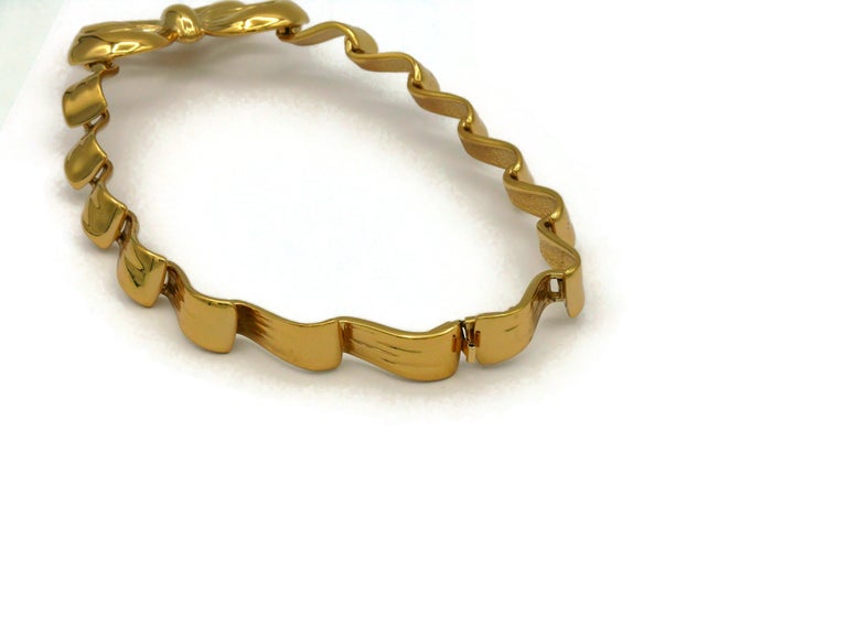 YVES SAINT LAURENT YSL Vintage Gold Tone Bow Ribbon Choker Necklace For ...