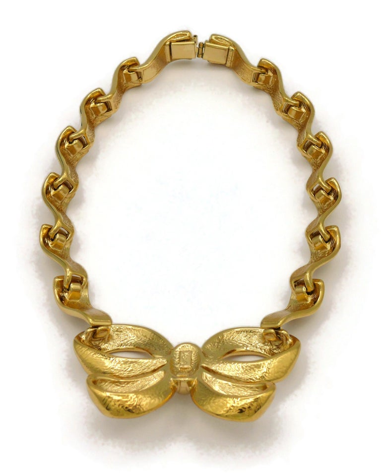 YVES SAINT LAURENT YSL Vintage Gold Tone Bow Ribbon Choker Necklace For ...