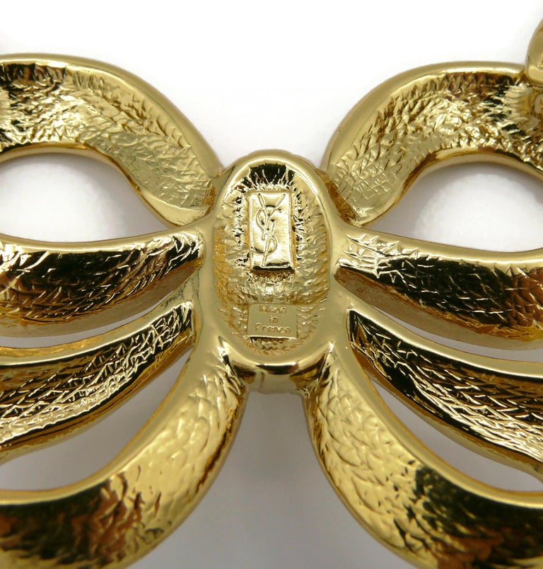 YVES SAINT LAURENT YSL Vintage Gold Tone Bow Ribbon Choker Necklace For ...