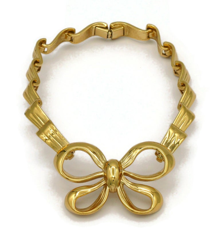 YVES SAINT LAURENT YSL Vintage Gold Tone Bow Ribbon Choker Necklace For ...