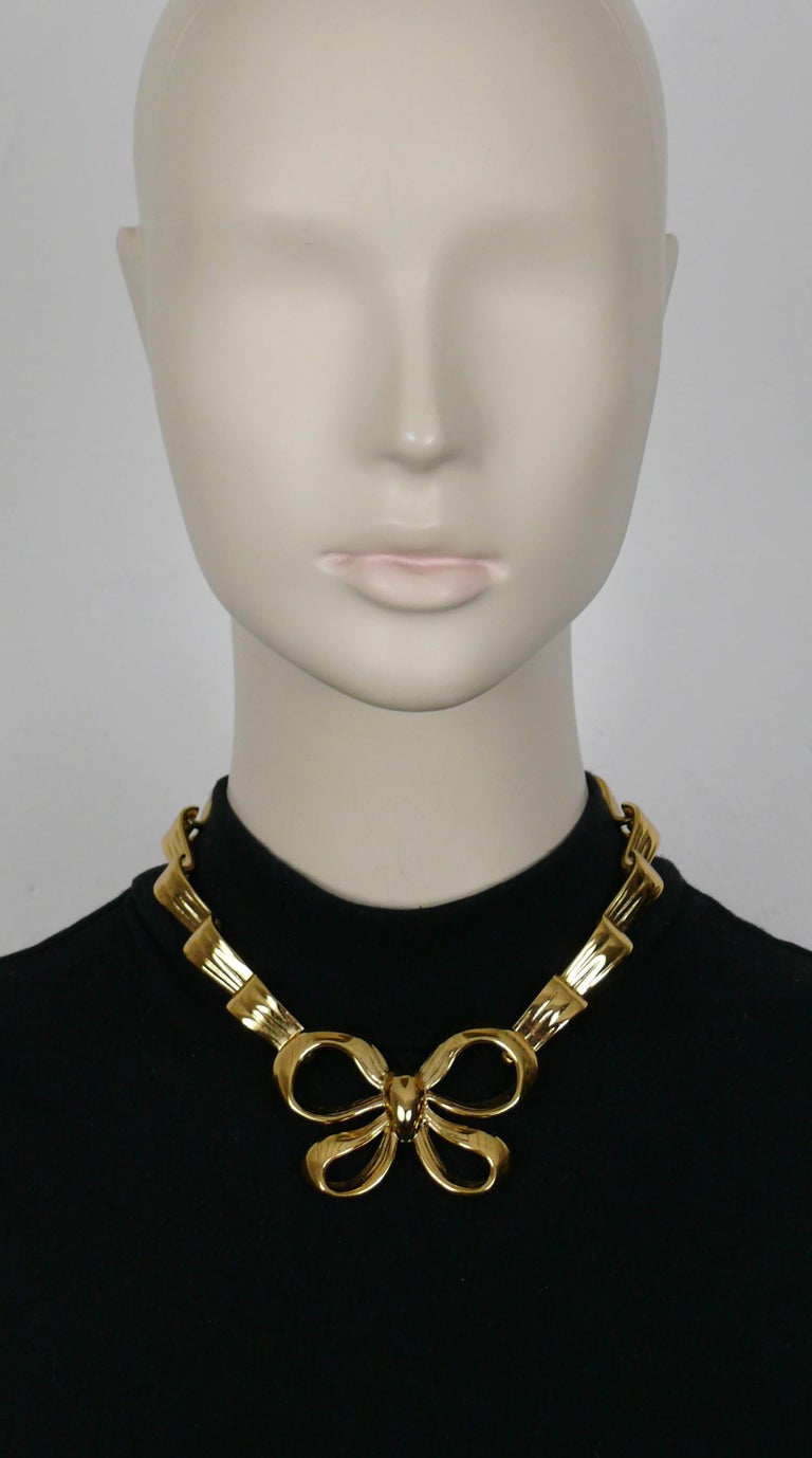 YVES SAINT LAURENT YSL Vintage Gold Tone Bow Ribbon Choker Necklace For ...
