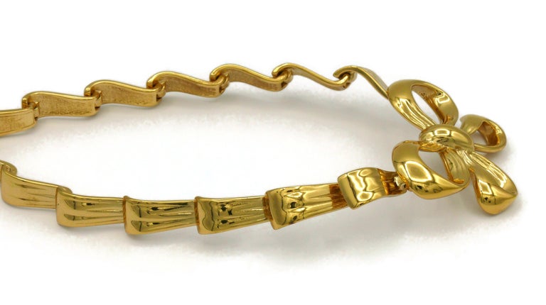 YVES SAINT LAURENT YSL Vintage Gold Tone Bow Ribbon Choker Necklace For ...