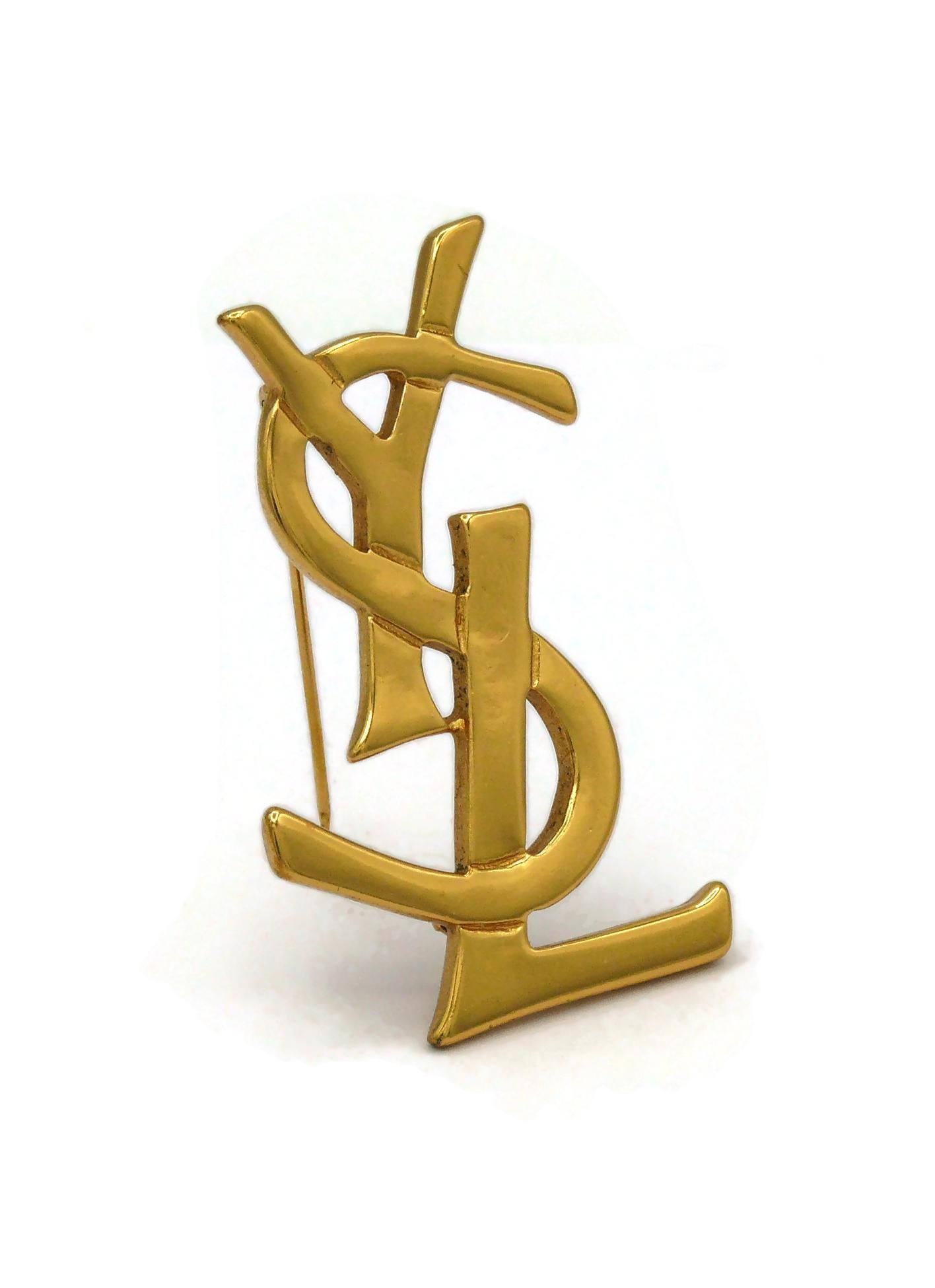 YVES SAINT LAURENT YSL Vintage Gold Tone Logo Brooch For Sale at ...