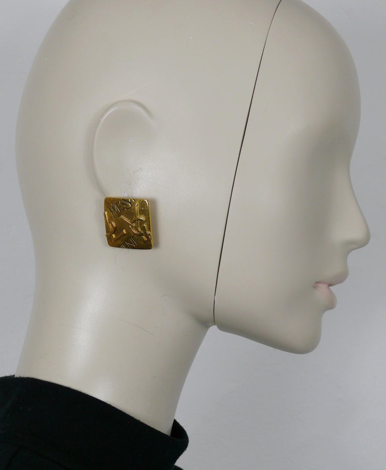 YVES SAINT LAURENT YSL Vintage Gold Tone Logo Clip-On Earrings For Sale ...