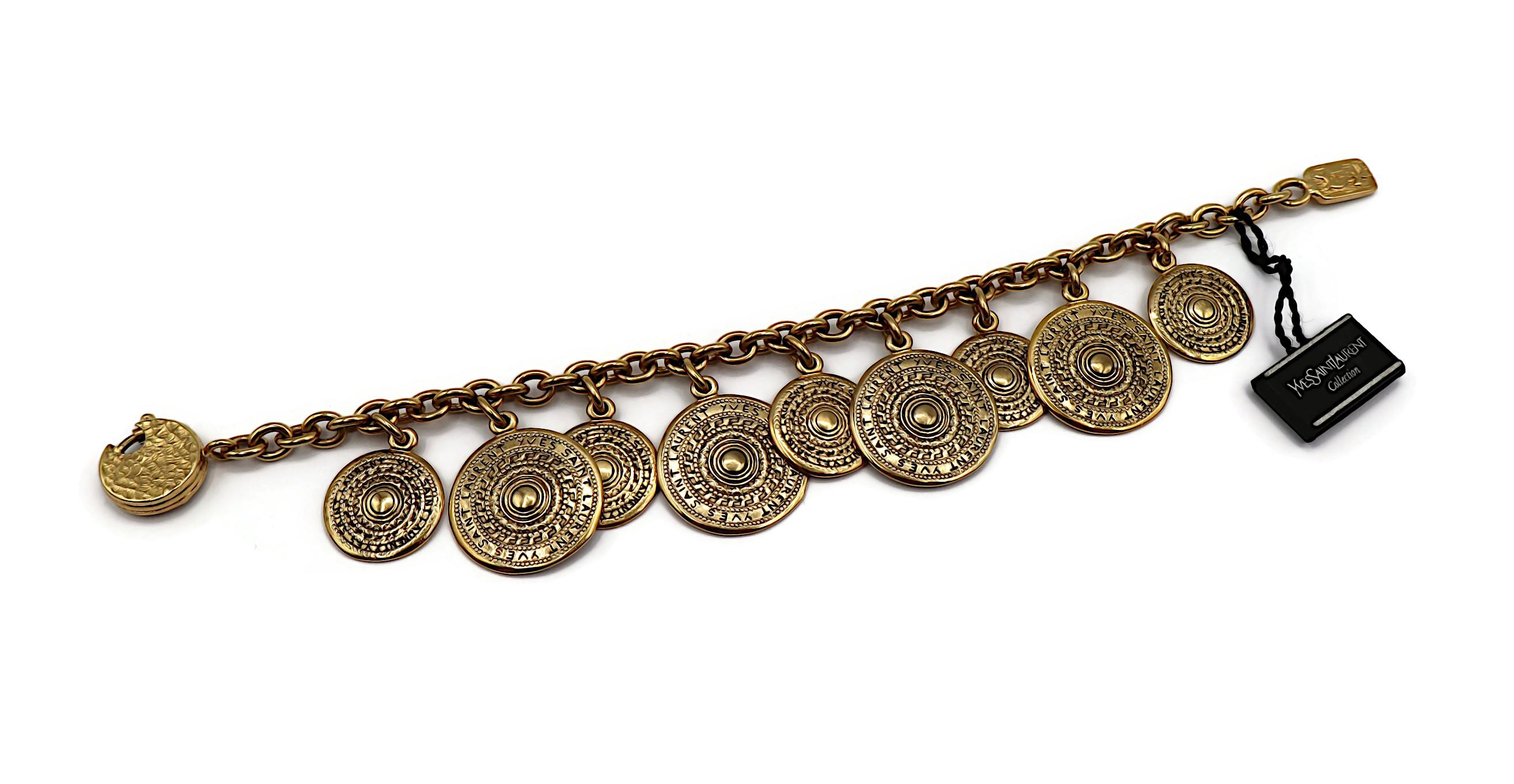 YVES SAINT LAURENT YSL Vintage Gold Tone Medal Charm Chain Bracelet For ...