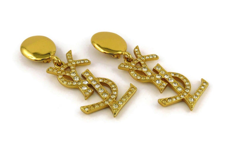 Yves Saint Laurent YSL Vintage Massive Diamante Logo Dangling Earrings ...