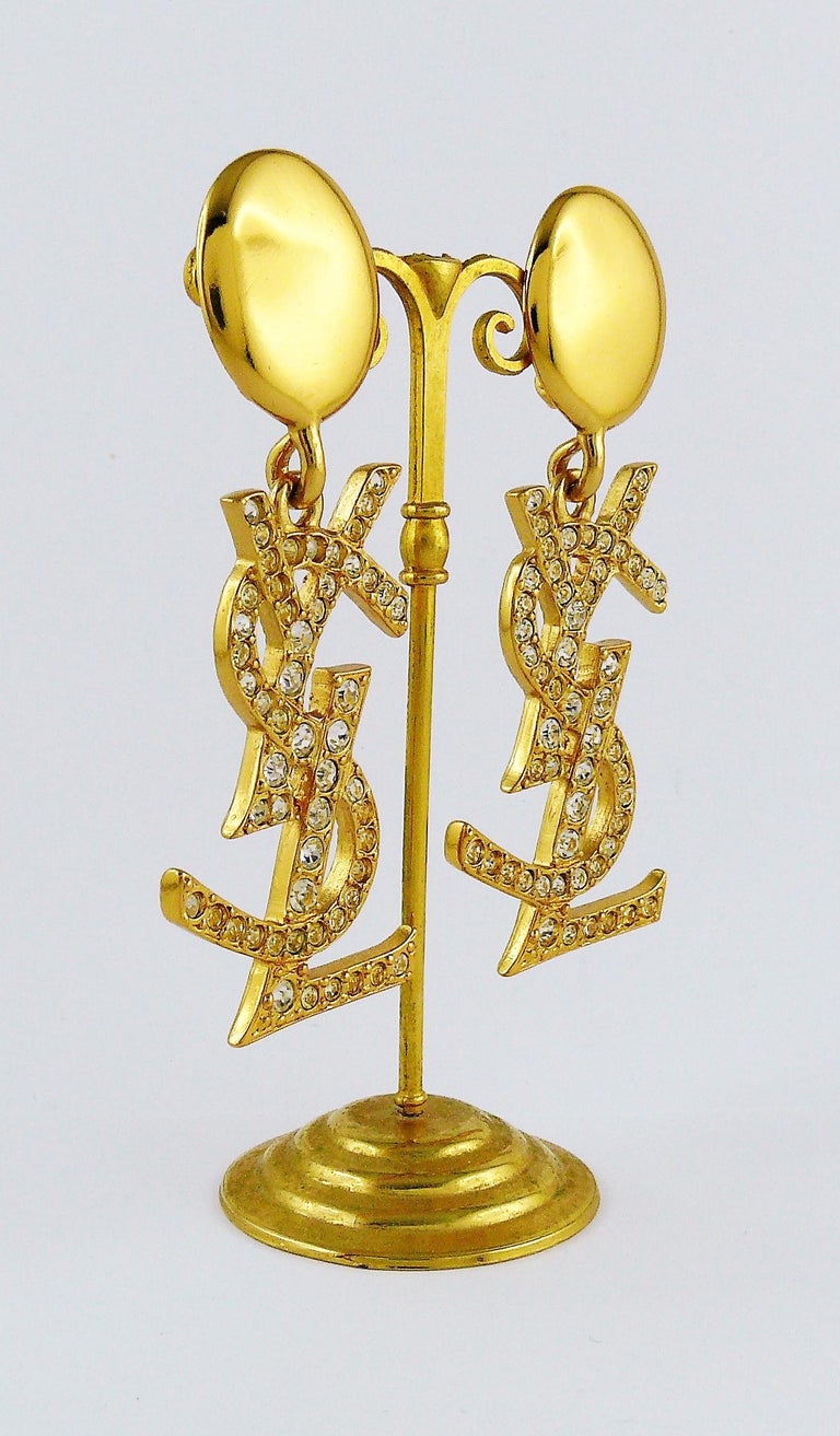 Yves Saint Laurent YSL Vintage Massive Diamante Logo Dangling Earrings ...