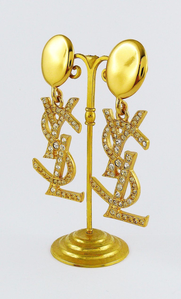 Yves Saint Laurent YSL Vintage Massive Diamante Logo Dangling Earrings ...