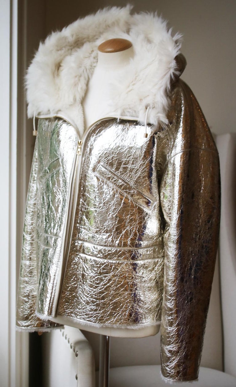 Yves Salomon Shearling-Lined Metallic Crinkled-Leather Hooded Jacket ...