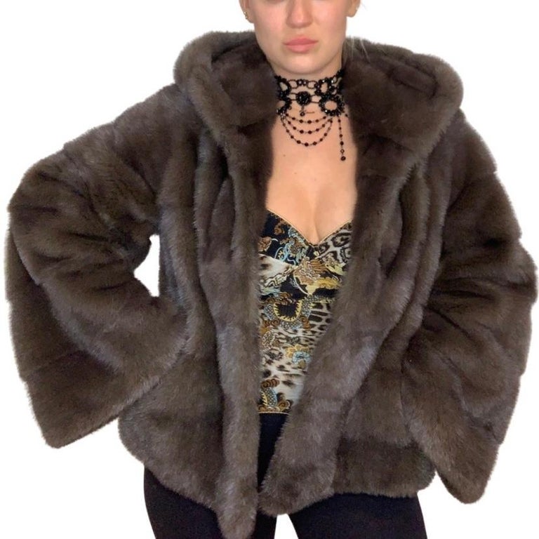 Yves Solomon Brown Mink hooded coat For Sale at 1stDibs