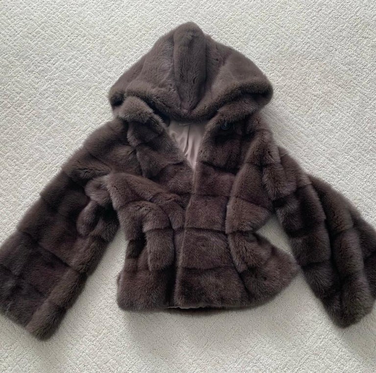 Yves Solomon Brown Mink hooded coat For Sale at 1stDibs