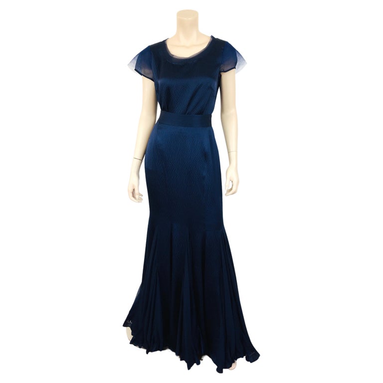 Zac Posen Navy Silk Textured 2pc Blouse and Mermaid Maxi Skirt Set For ...