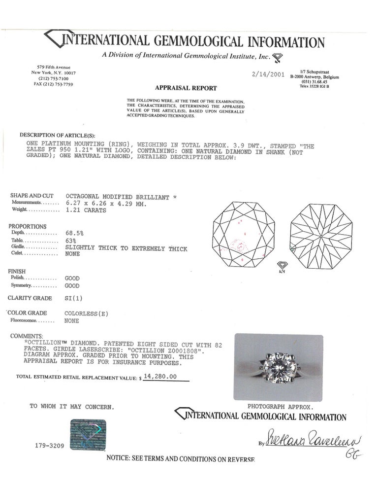 Zales Octillion Cut IGI Certified Diamond Engagement Platinum Ring E ...