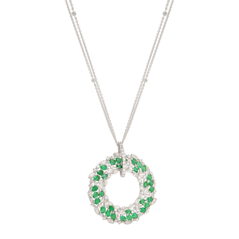 Natural Emerald Circle Pendant Diamond Necklace 18 Karat White Gold Fine Jewelry For Sale at 1stDibs